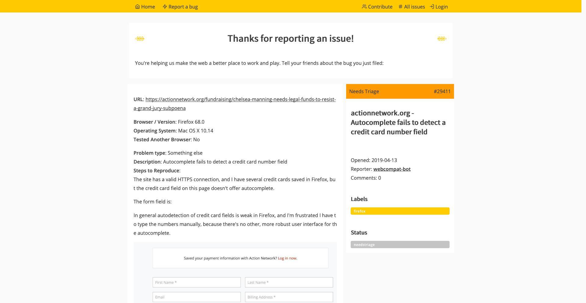 The form breaks reports with HTML snippets · Issue #2849 · webcompat/webcompat.com · GitHub