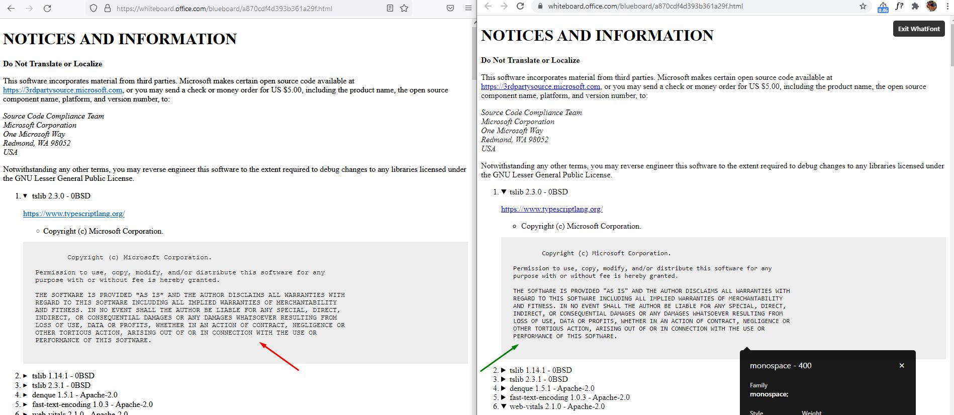 whiteboard.office.com - Incorrect font displayed for the expanded "Copyright" section · Issue ...