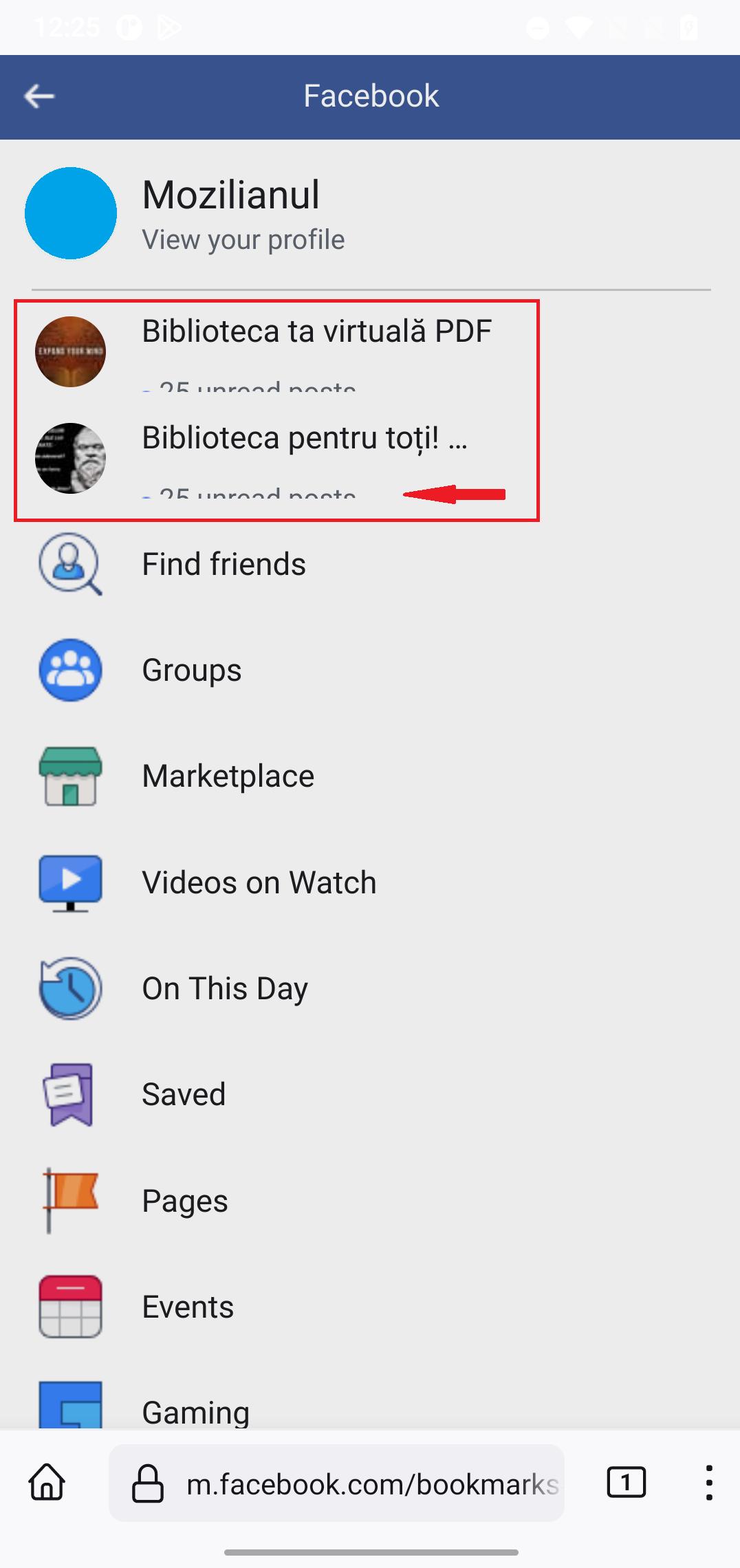 m.facebook.com - "Unread posts" notification from groups is not fully visible on the bookmarks ...