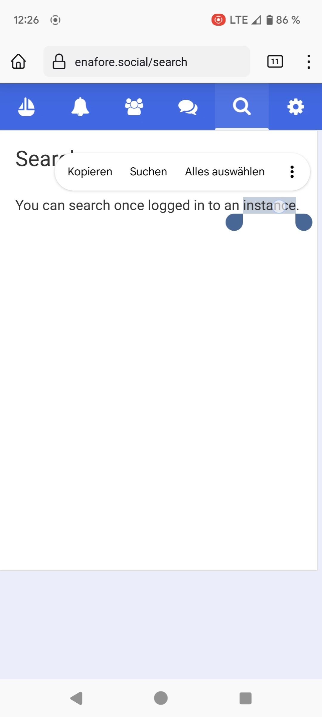 enafore.social - While selecting text, pulling and holding the selection handler to far right ...