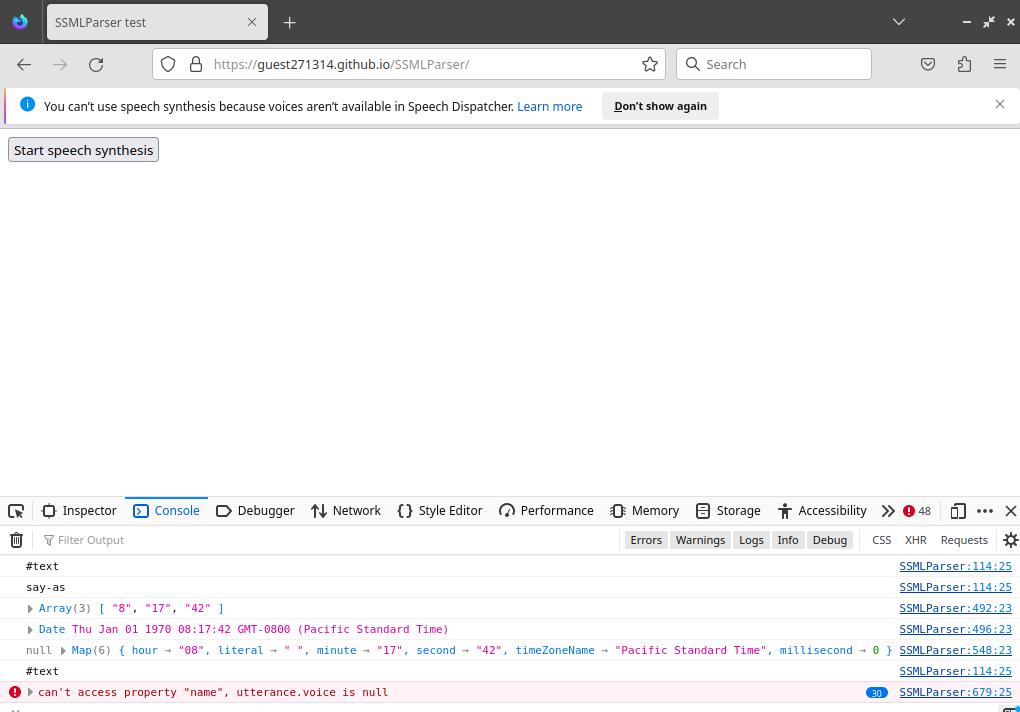 guest271314.github.io/SSMLParser/ - No voices loaded for speechSynthesis on Firefox Nightly 116 ...